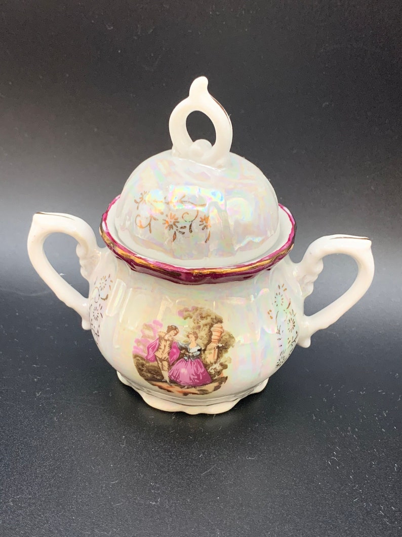 Victorian China Sugar Bowl W Purple Gold Trim Vintage Javs Japan