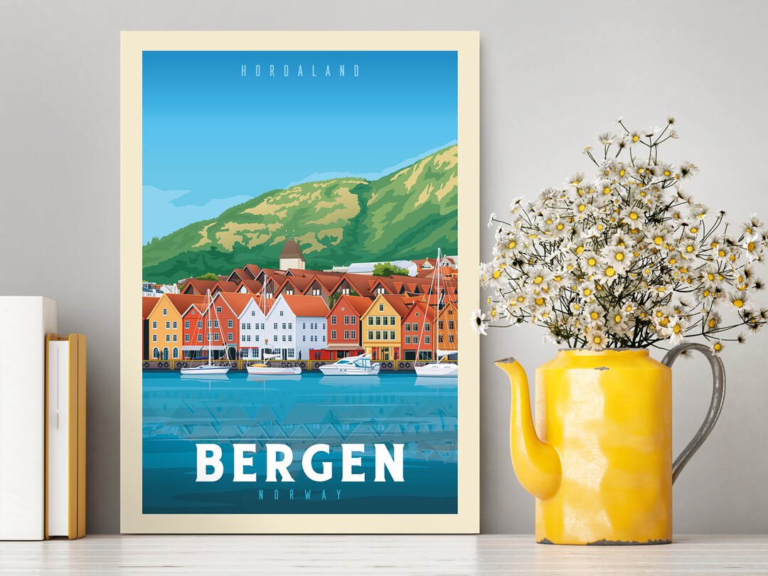 Bergen Norway Travel Poster / Bergen Printed Illustration / Bergen ...