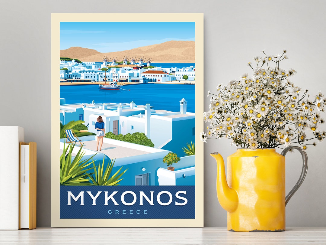 Mykonos Greece Travel Poster / Aegean Sea / Mykonos Travel Illustration ...