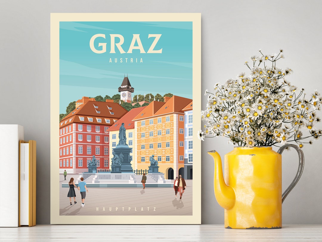 Graz Austria Travel Poster / Hauptplatz Illustration / Wall Art / Graz ...