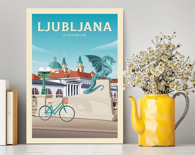 Ljubljana Slovenia Travel Poster / Ljubljana by Bicycle Illustration ...