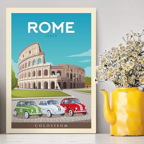 Rome Italy Blue Poster / Rome Day Illustration / Colosseum - Etsy