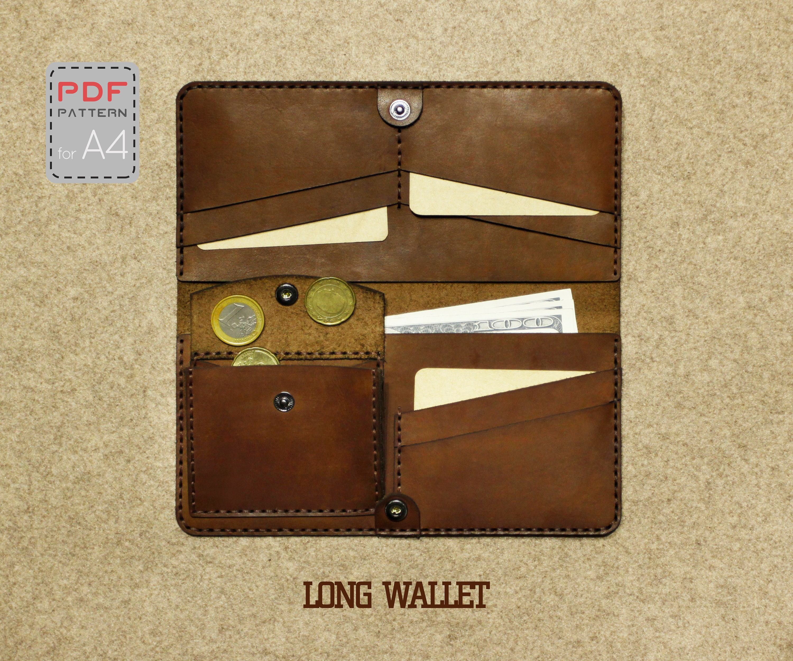 PDF Pattern Leather Long Wallet, Wallet Pattern, Wallet Template ...