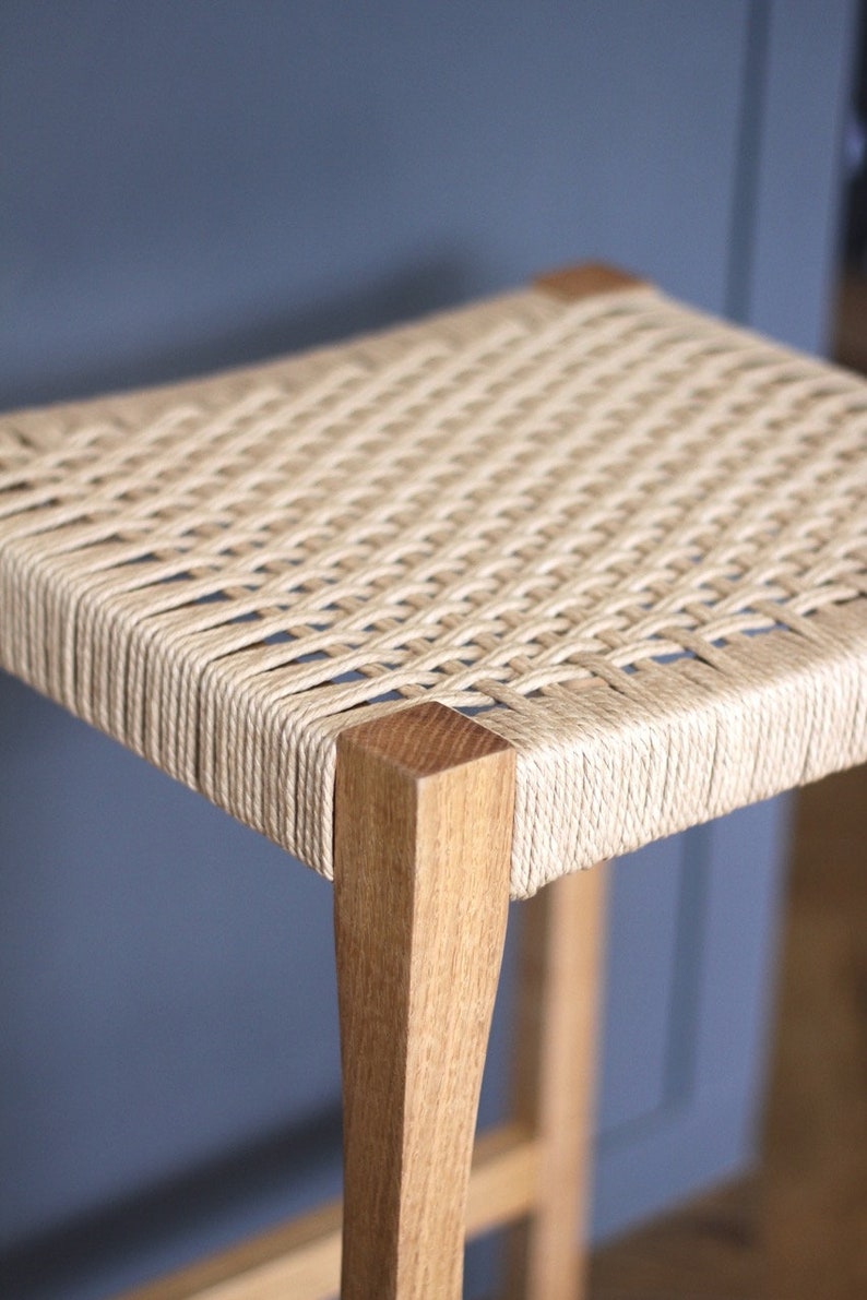 Solid Oak Countertop Danish Stool With Cord Weave - Etsy