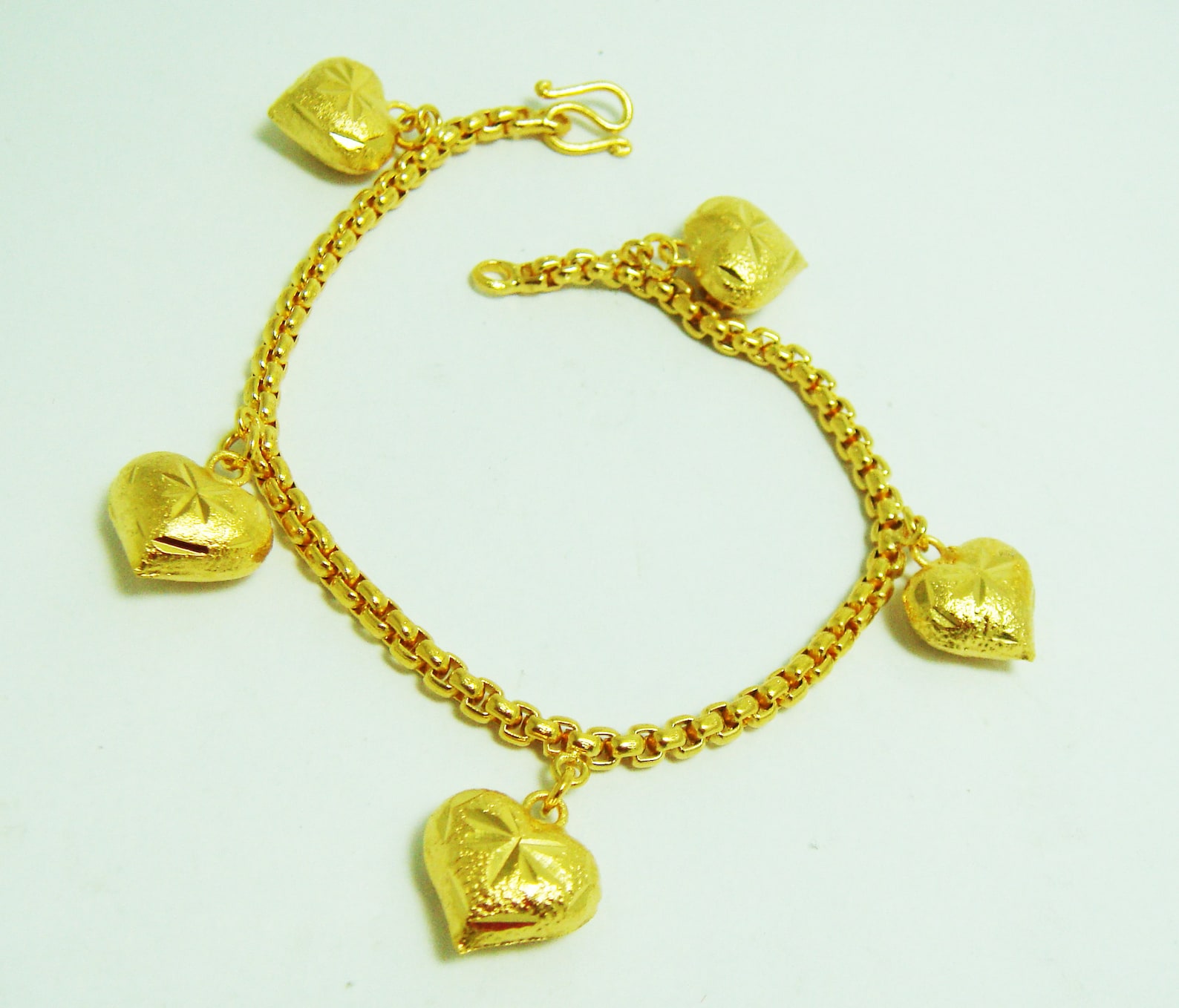 Heart Dangle Bracelet 22K 23K 24K Thai Baht Yellow Gold | Etsy