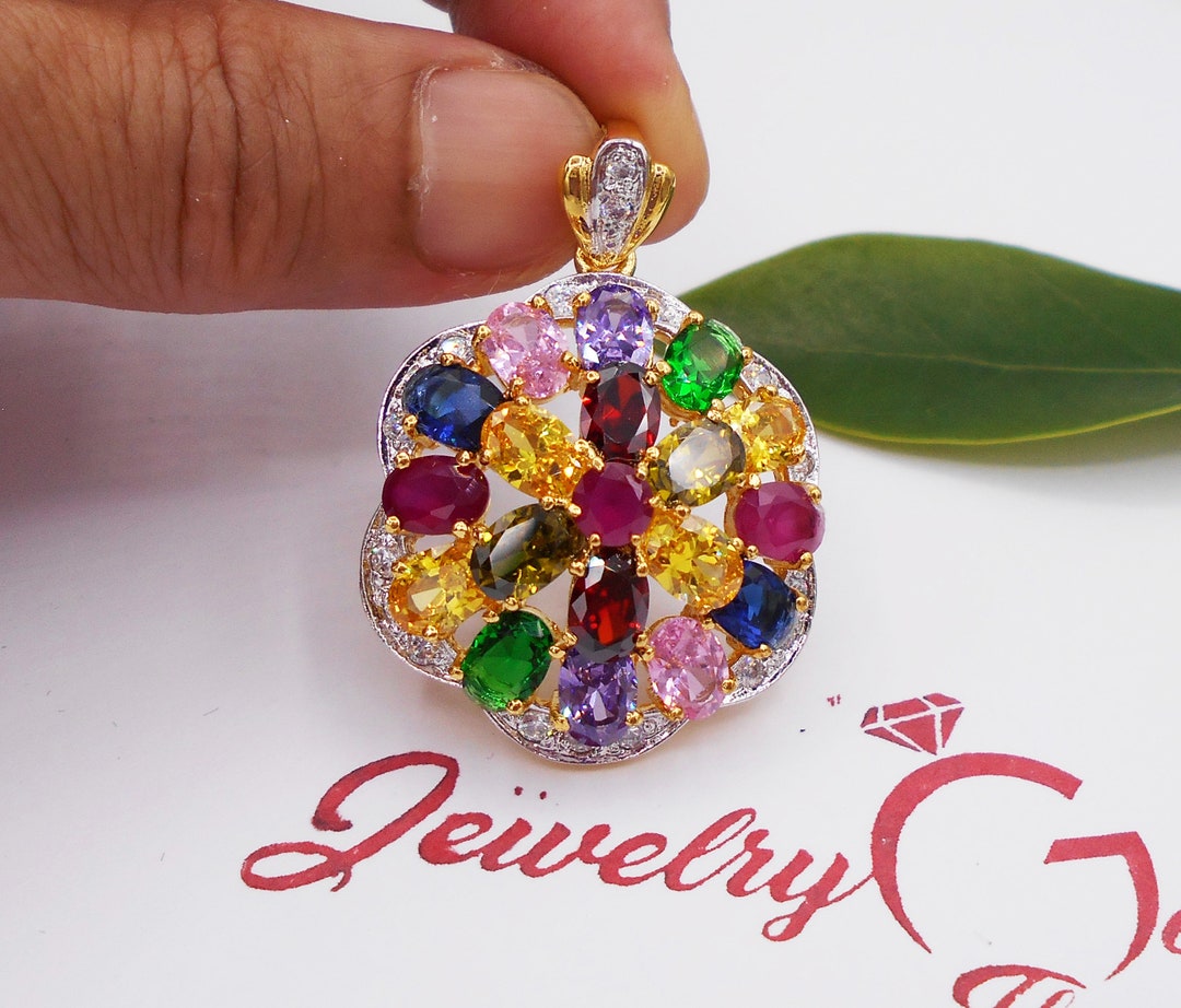 Multi Gemstone & Diamond CZ Pendant Thai Jewelry 22K 23K Thai Baht ...