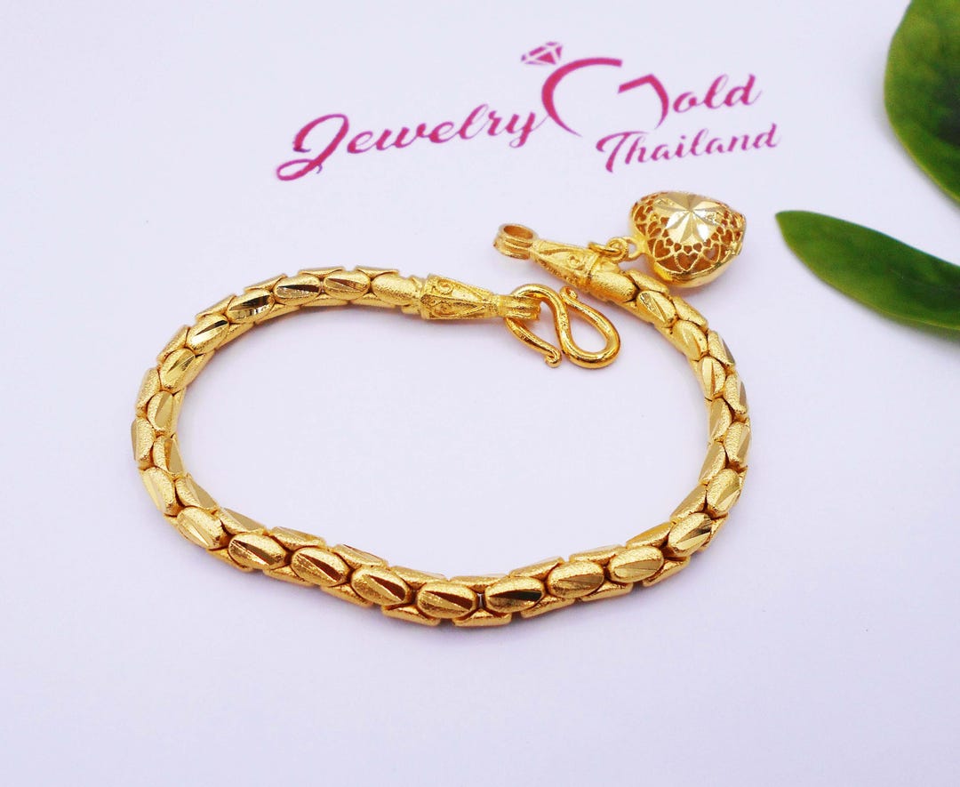 Thai Baht Gold Plated Bracelet: Heart Charm Bangle, Handmade Jewelry ...