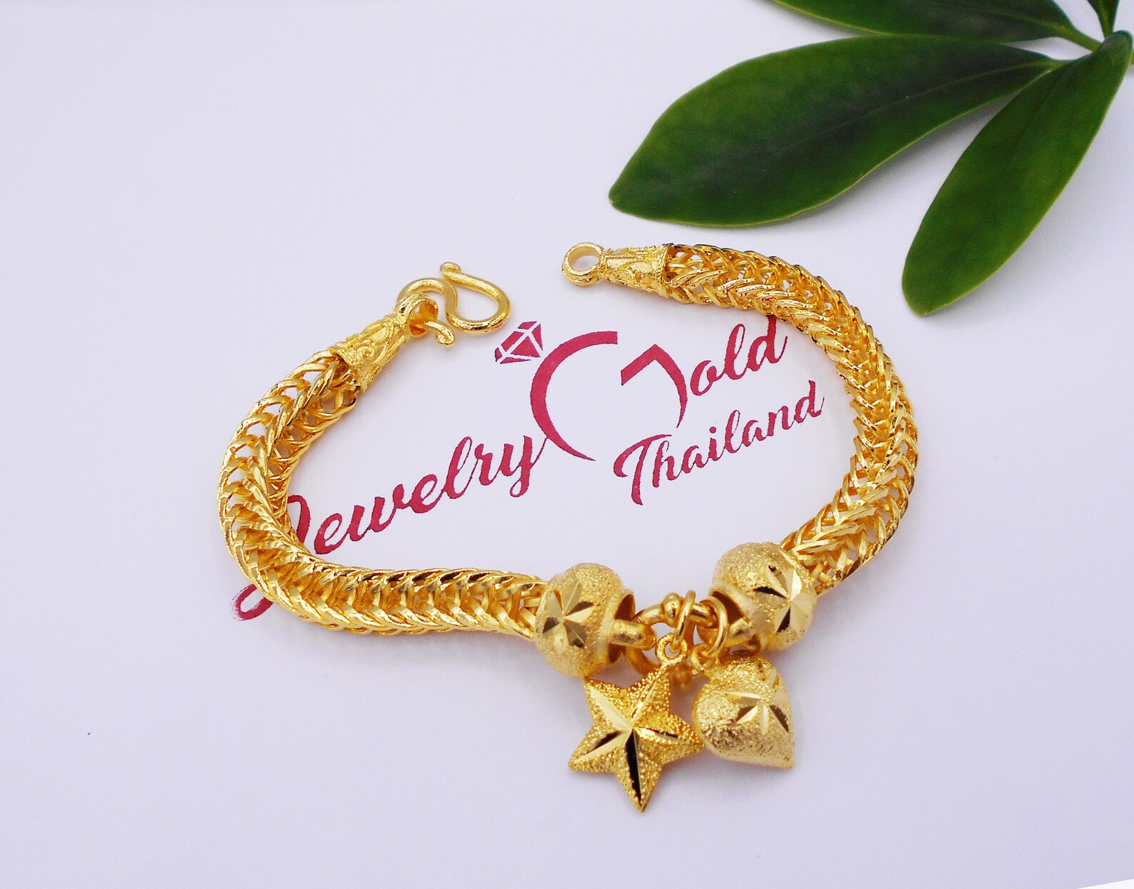 Heart & Star Dangle Bracelet 22K 23K 24K Thai Baht Yellow Gold Plated,cuff for Women ,girl ...