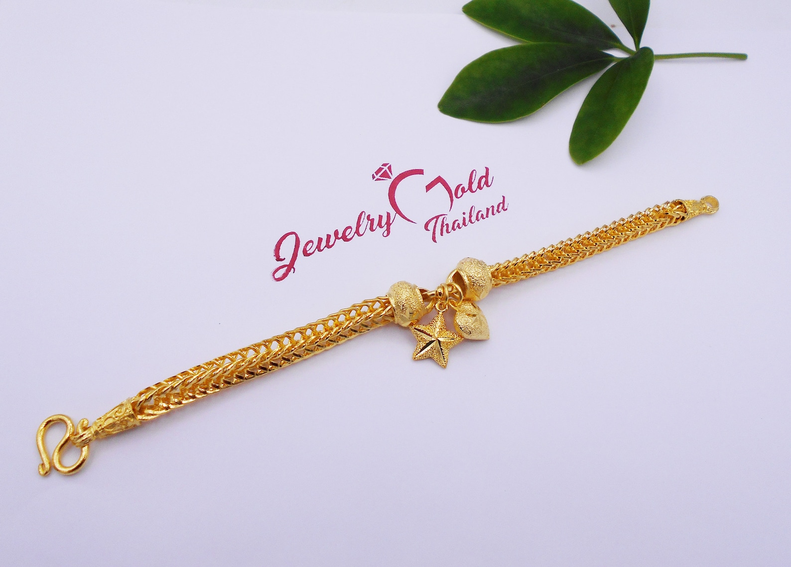 Heart & Star Dangle Bracelet 22K 23K 24K Thai Baht Yellow Gold Plated,cuff for Women ,girl ...