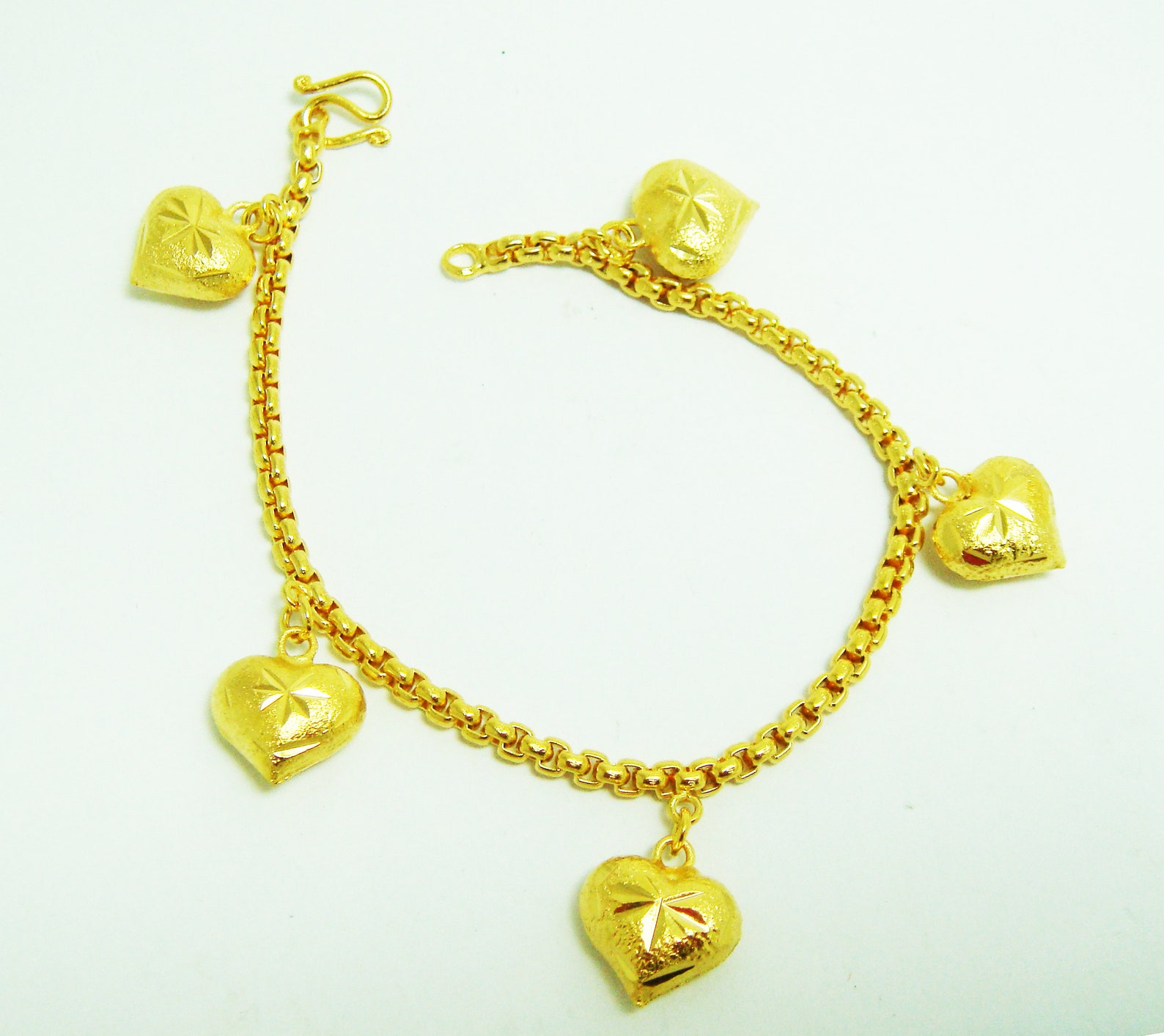 Heart Dangle Bracelet 22K 23K 24K Thai Baht Yellow Gold | Etsy