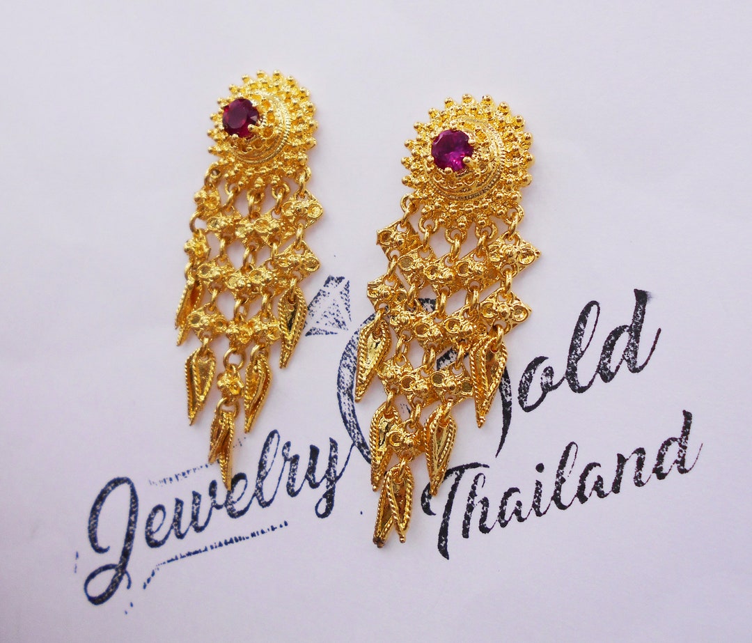 Red Ruby Thai Jewelry Earrings Drop Dangle Lai Thai 22K 23K 24K Thai ...