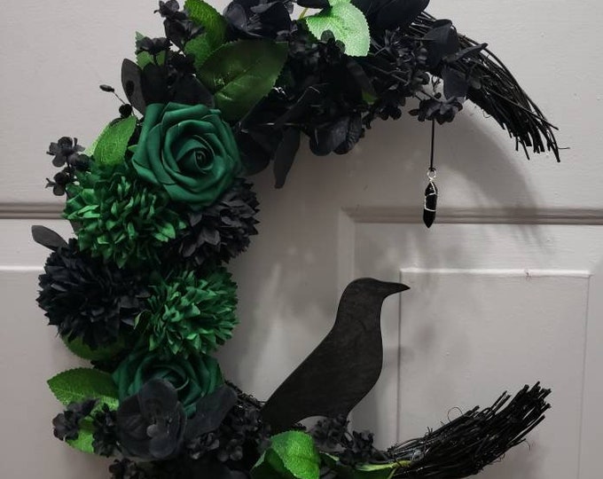 Halloween Crescent Moon Wreath, Black, Purple, Glass Eye, Handmade Bow ...