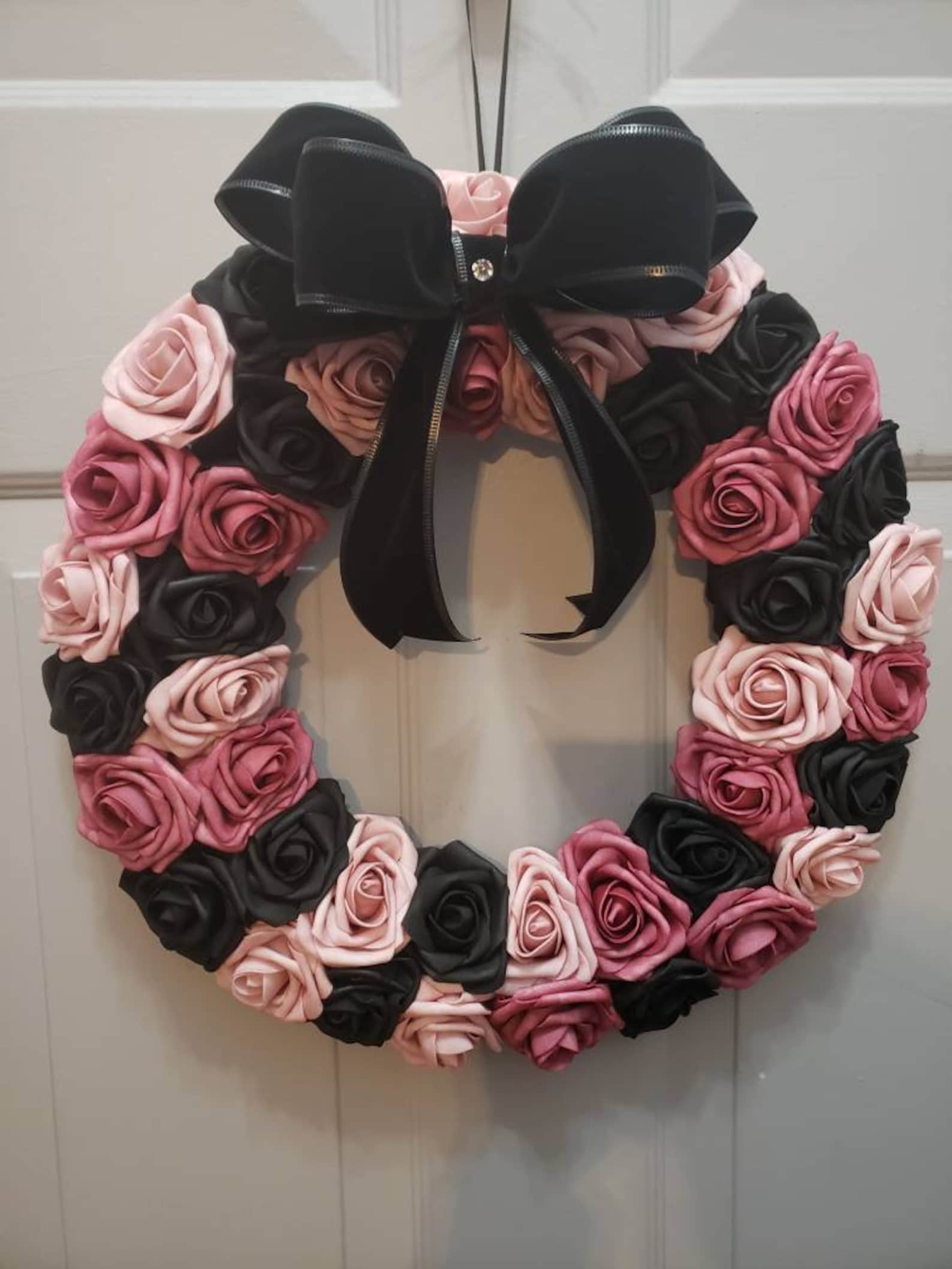 Pink and Black Rose Wreath. Everyday Front Door Wreath. Spring - Etsy