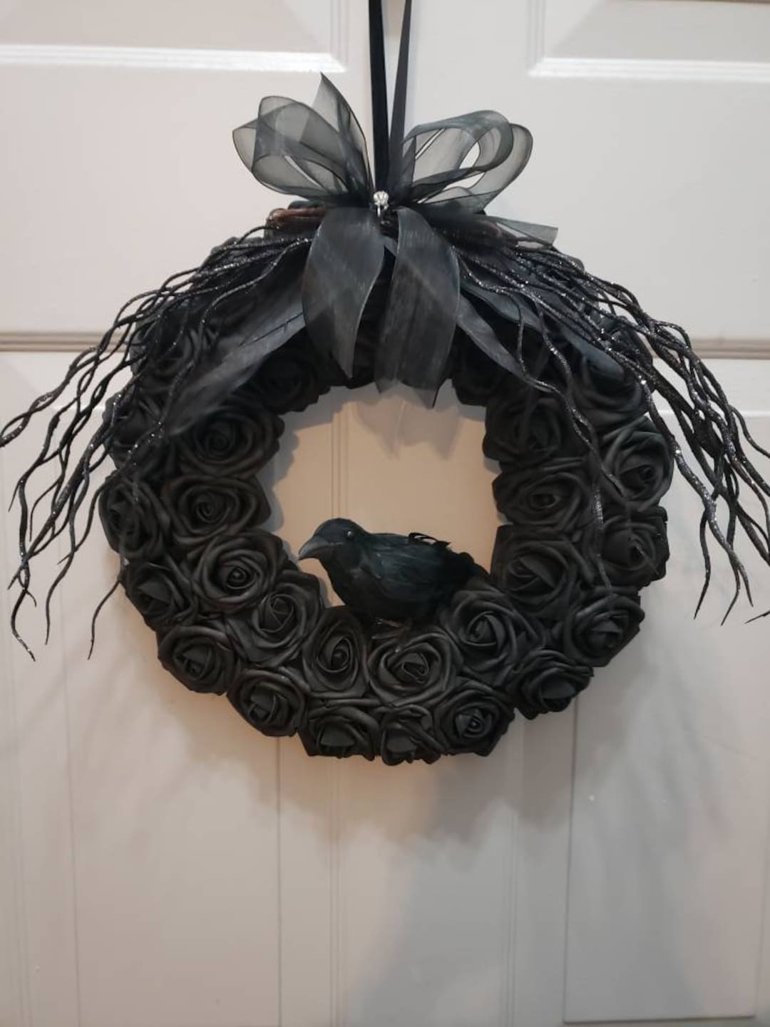 Raven Wreath. Gothic Black Rose Wreath. Raven Wall Decor. Halloween ...
