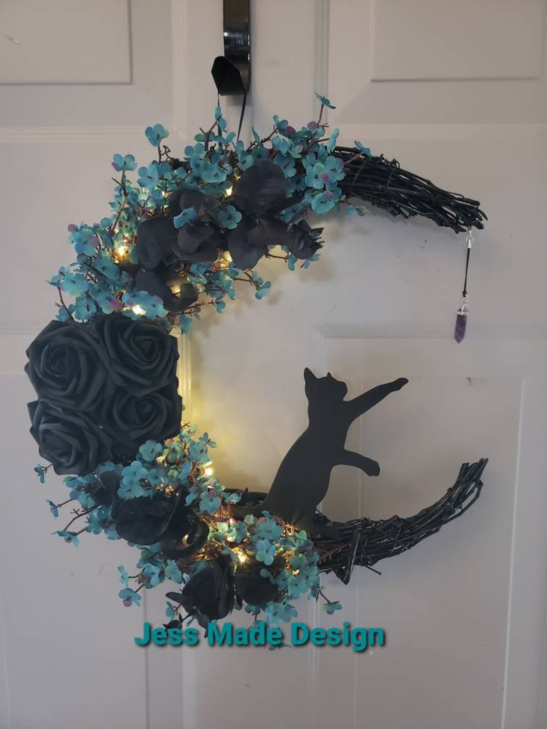 Cat Moon Wreath, Crescent Moon Decor, Teal Celestial Wall Decor, Gothic ...