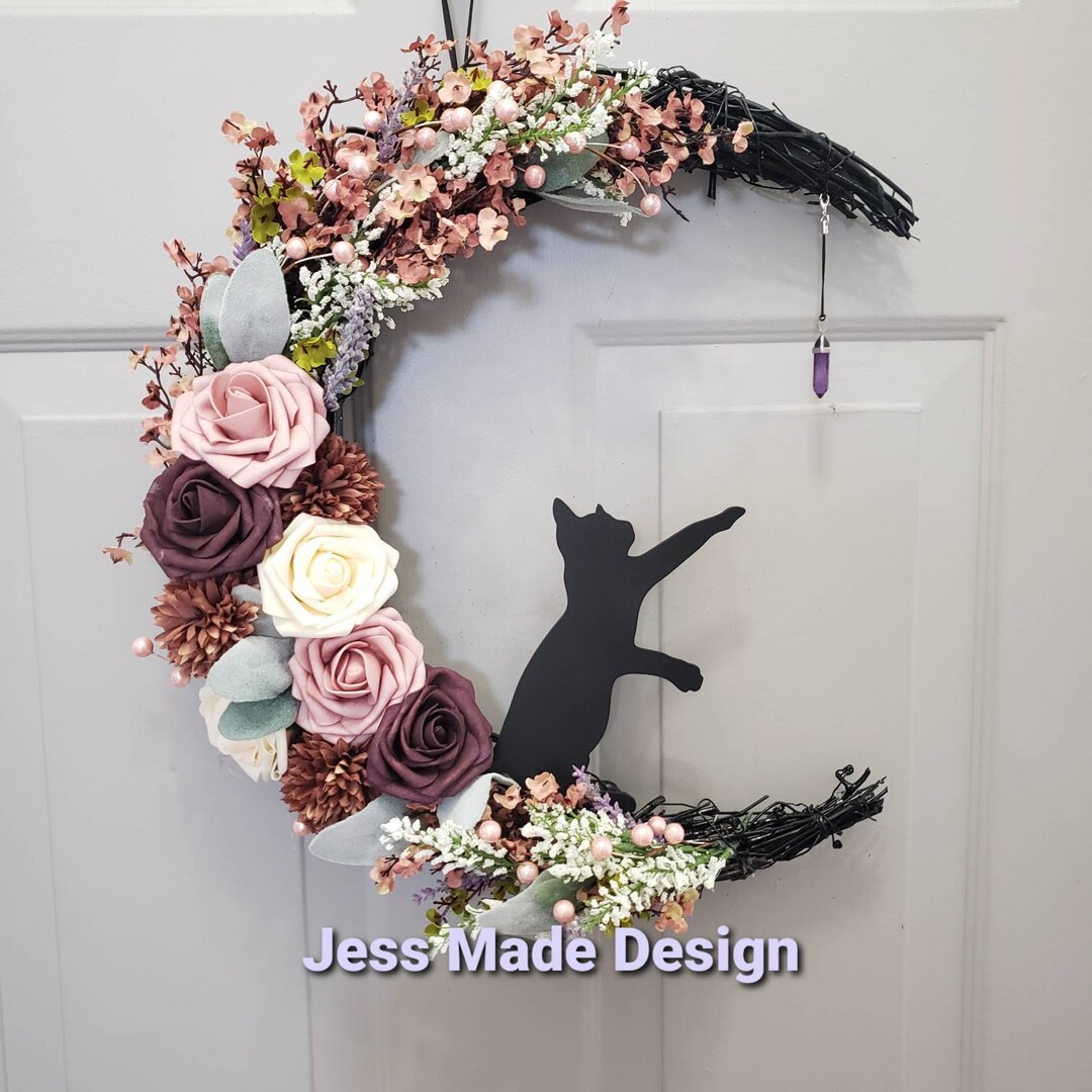 Crescent Moon Wreath, Gothic Cat Wreath, Cat Moon Fall Wreath, Front ...