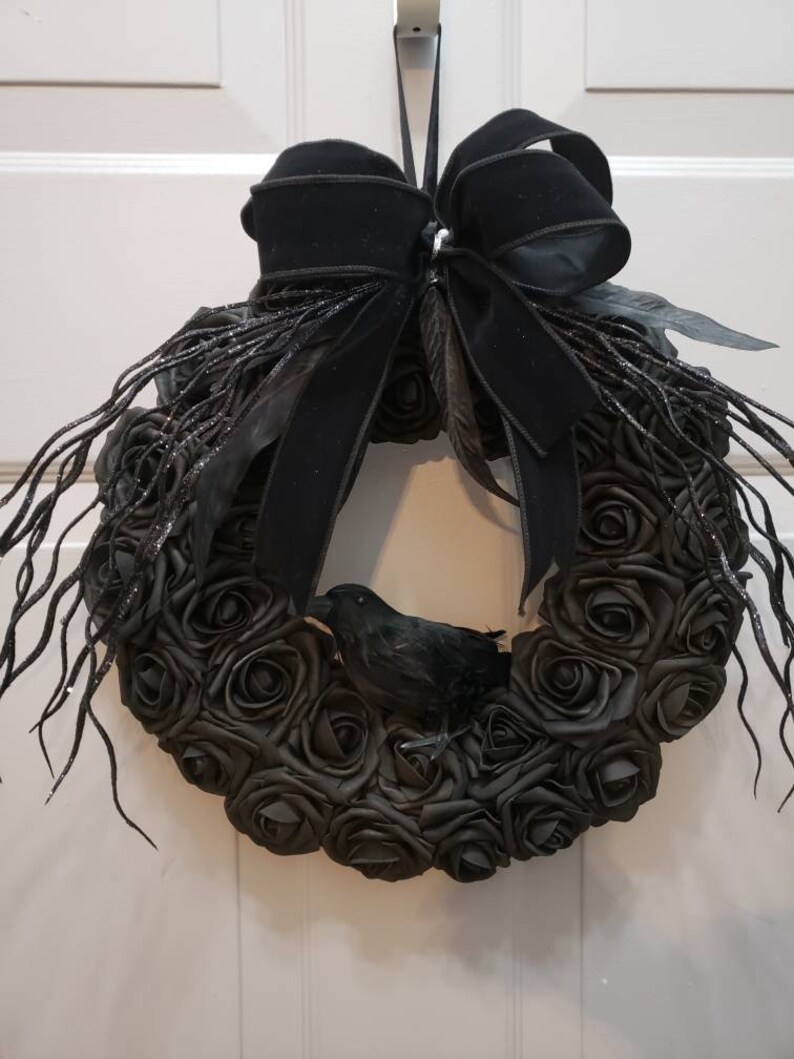 Raven Wreath. Gothic Black Rose Wreath. Raven Wall Decor. Halloween ...