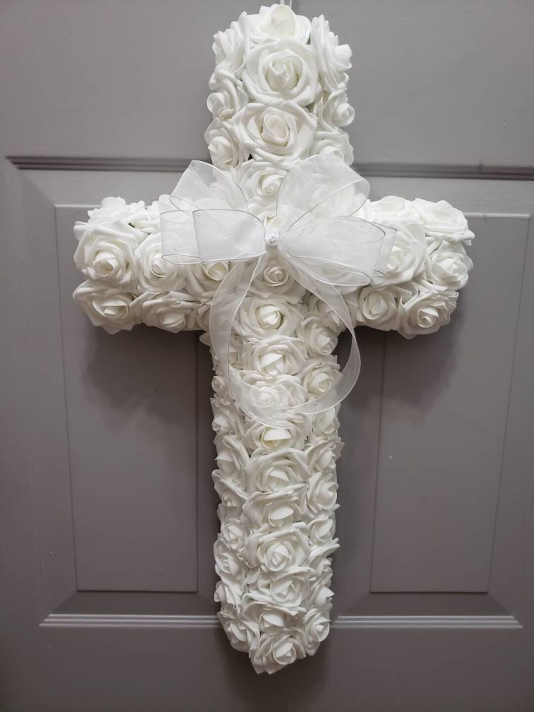 White Cross Wreath. Communion Cross Decor. Wedding Wreath. White Rose ...