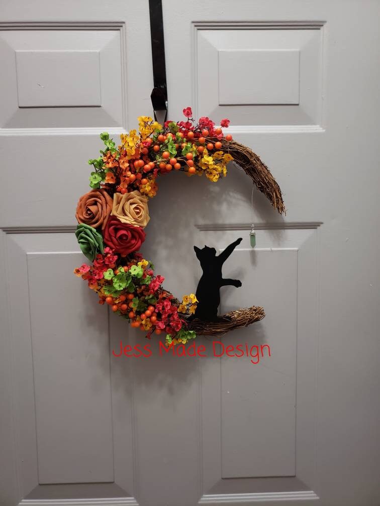 Fall Crescent Moon Wreath: Black Cat & Crystal Accent, 14" - Etsy