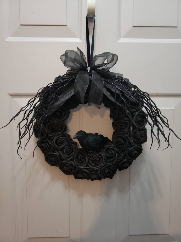 Raven Wreath. Gothic Black Rose Wreath. Raven Wall Decor. Halloween ...