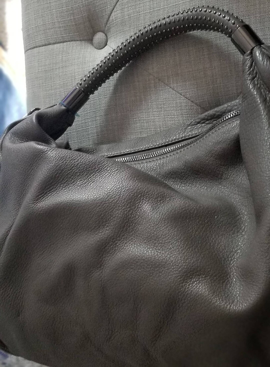 Kenneth Cole No Slouch Grey Leather Hobo Bag With Studded Shoulder ...