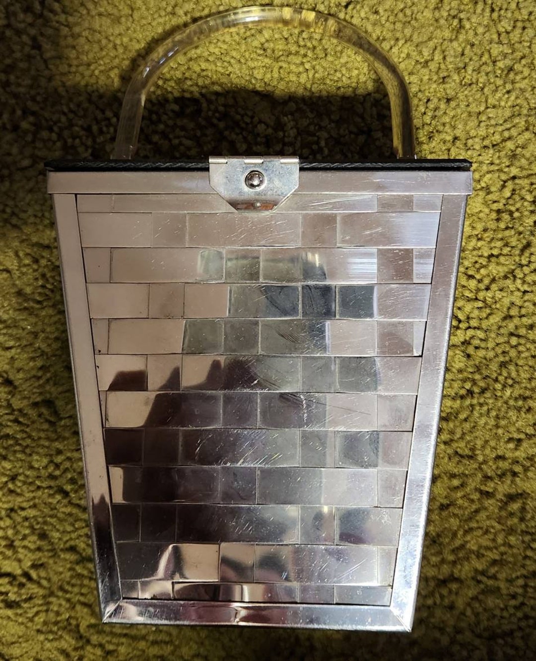 1950s Tall Silver Woven Metal Bucket Box Bag, Vintage Lucite and Metal ...