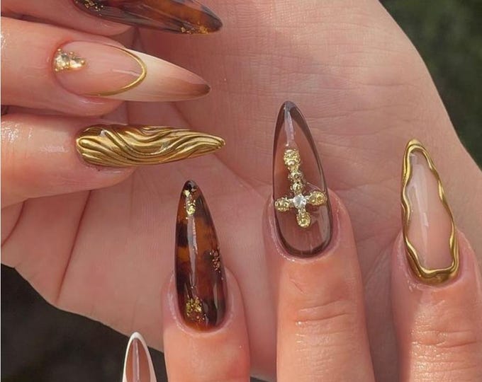 Brown and Gold Clean Almond Leopard Cross Charm Press on Nails - Etsy