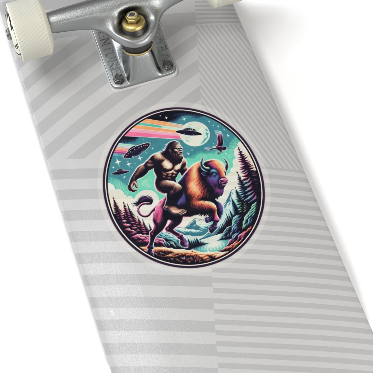 Bigfoot Bison UFO Sticker, Bigfoot Riding Buffalo UFO Alien Sticker ...