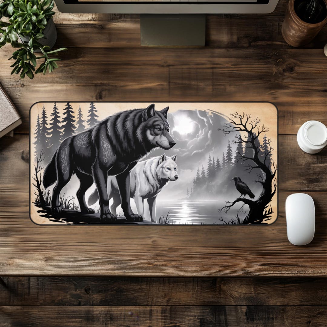 Dire Wolf Desk Mat: Gothic Norse Moon Raven Office Decor - Etsy