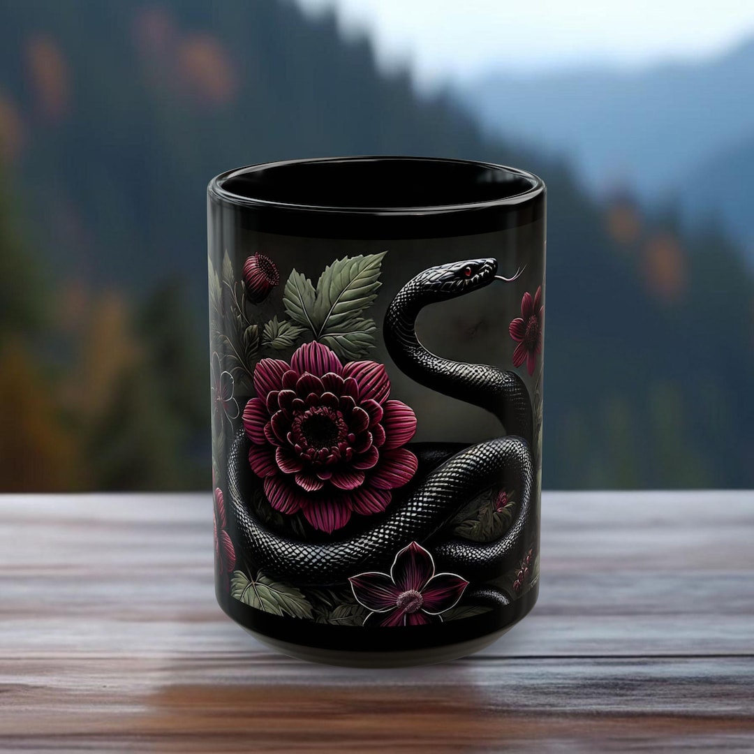 Black Snake and Floral Coffee Mug: Gothic Serpent Design - Etsy