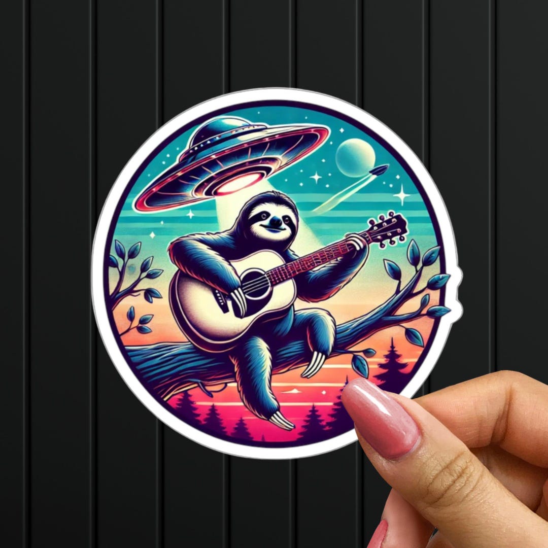 Sloth Guitar UFO Sticker, Chill Cosmic Funny Sloth Art, Alien Jam ...