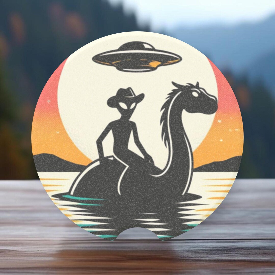 Alien Cowboy Riding Loch Ness Monster Car Coaster, Cryptid UFO Sunset ...
