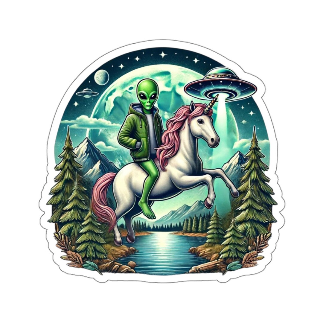 Alien Riding Unicorn Sticker, Funny Alien Sticker, Extraterrestrial UFO ...