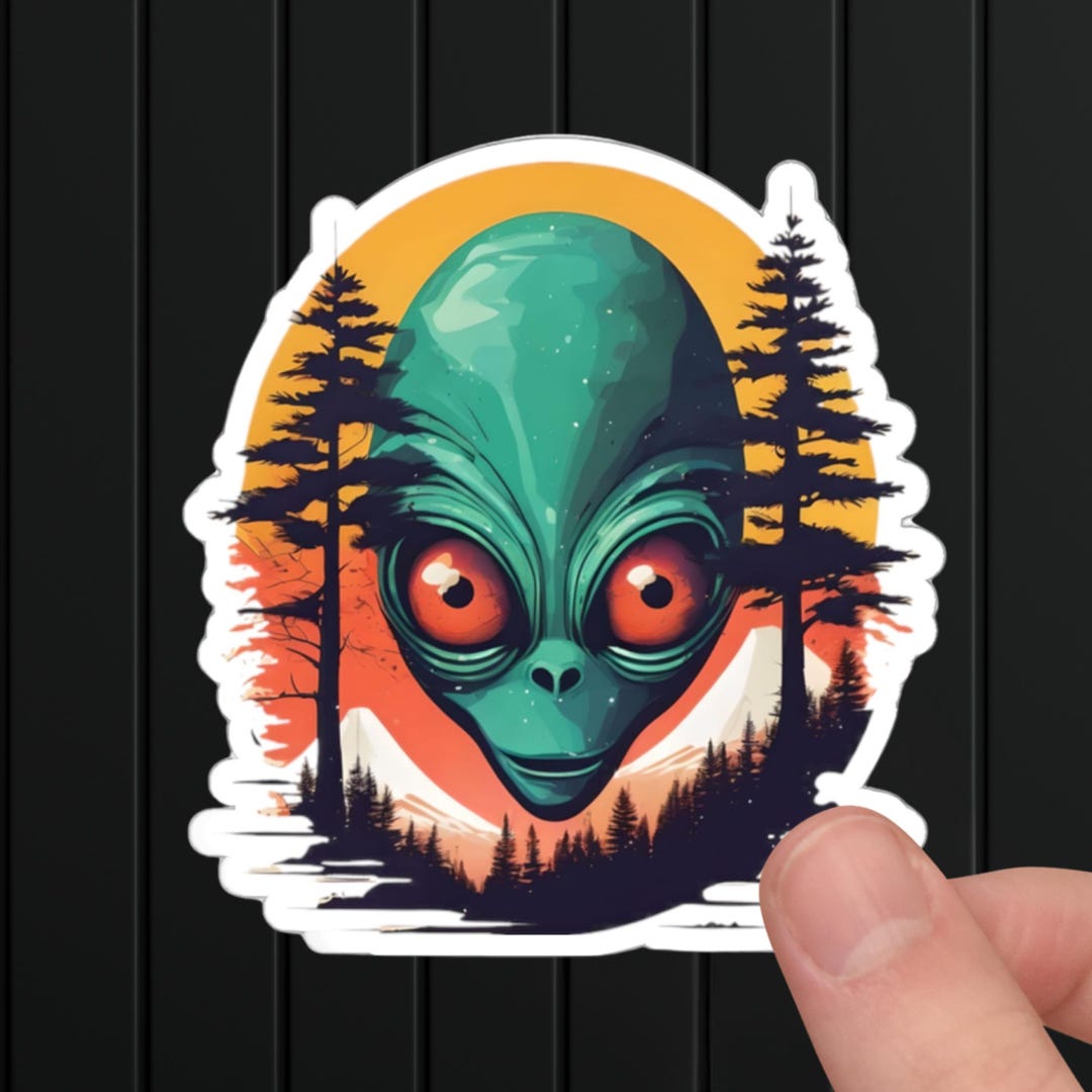 Trippy Alien Head Sticker: Sci-fi Sunset Forest Art - Etsy