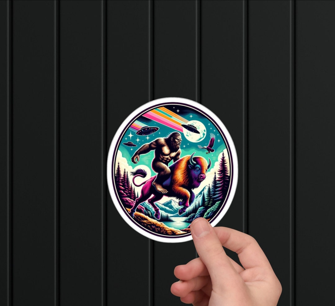 Bigfoot Bison UFO Sticker, Bigfoot Riding Buffalo UFO Alien Sticker ...