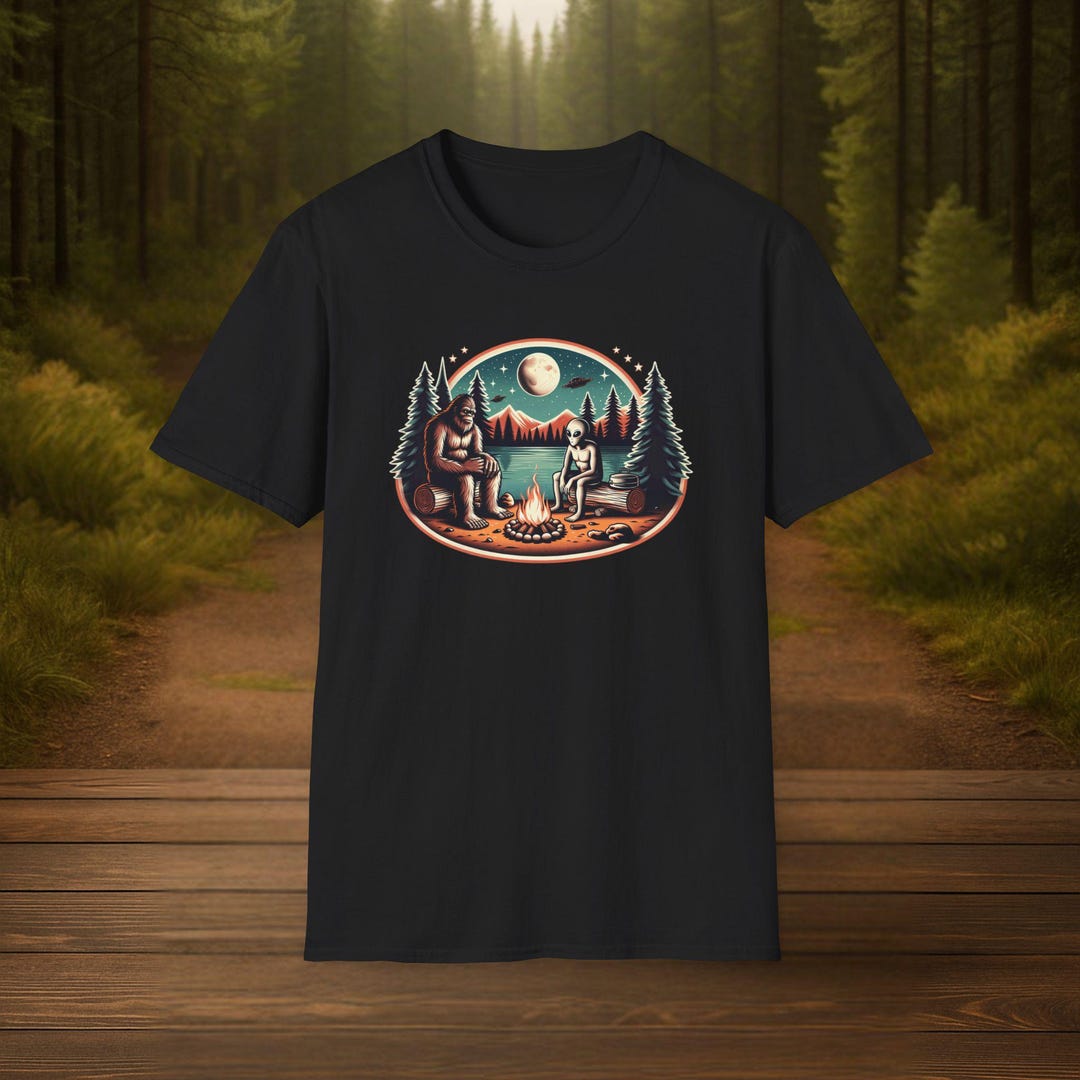 Bigfoot Alien Campfire Shirt: Cryptid Camping Tee, UFO & Sasquatch ...