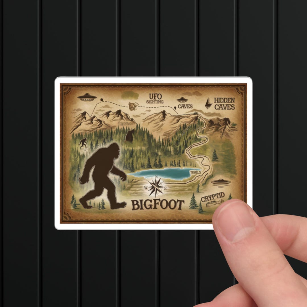 Bigfoot Cryptid Map Sticker, Sasquatch Trail Decal, Wilderness ...