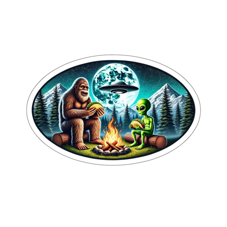 Bigfoot Alien Eating Tacos Sticker, Bigfoot Alien Campfire Sticker ...