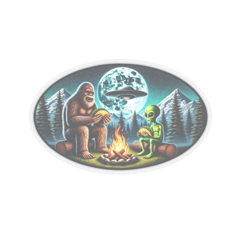 Bigfoot Alien Eating Tacos Sticker, Bigfoot Alien Campfire Sticker ...