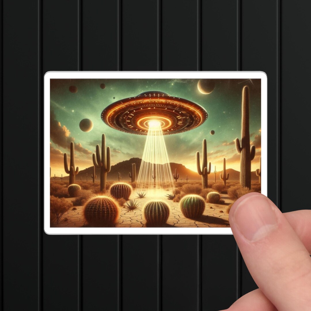 Desert UFO Sticker, Alien Spaceship Decal, Sci-fi Cactus Sticker ...