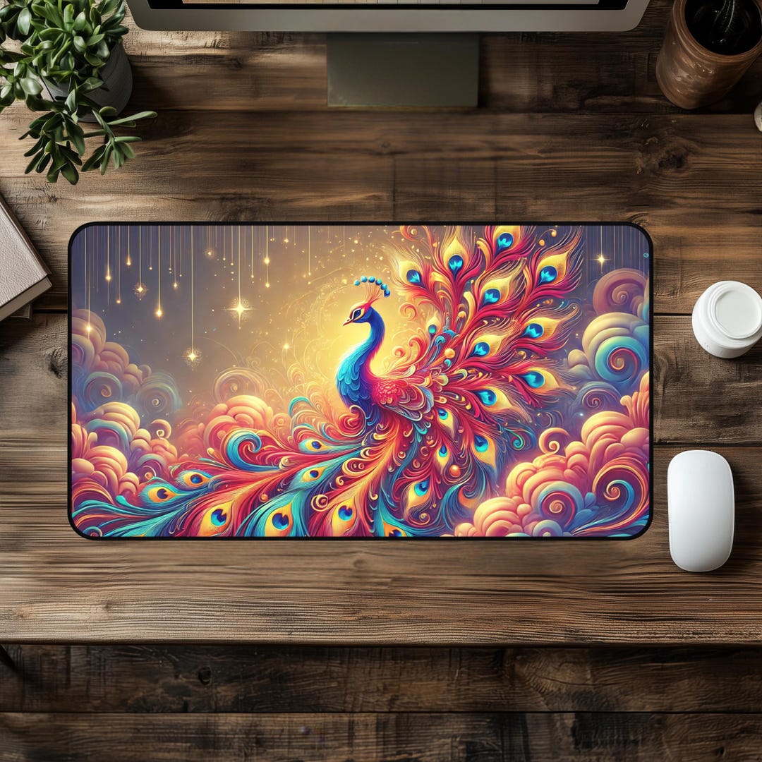 Peacock Desk Mat, Vibrant Boho Workstation Accessory, Gift for Peacock ...