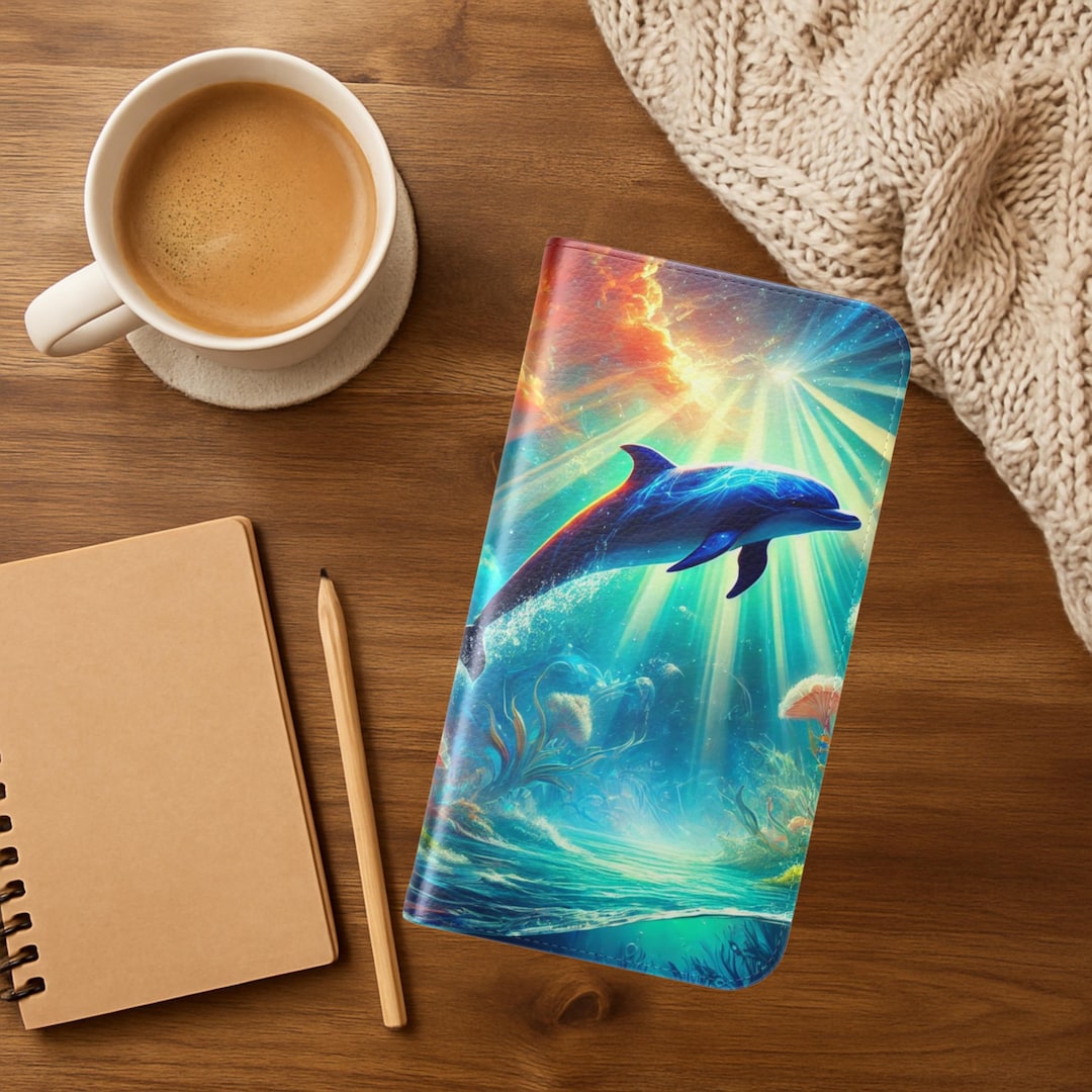 Dolphin Wallet Phone Case, Ocean Flip Wallet Cover, Faux Leather Folio ...