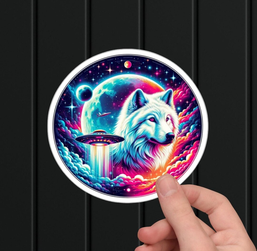 Majestic White Wolf Sticker, Wolf UFO Cosmic Sticker, Wolf Laptop ...