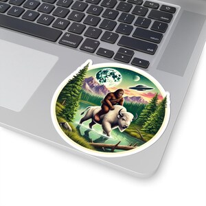 Bigfoot Riding White Buffalo Sticker, Mystical Sasquatch & UFO Art ...