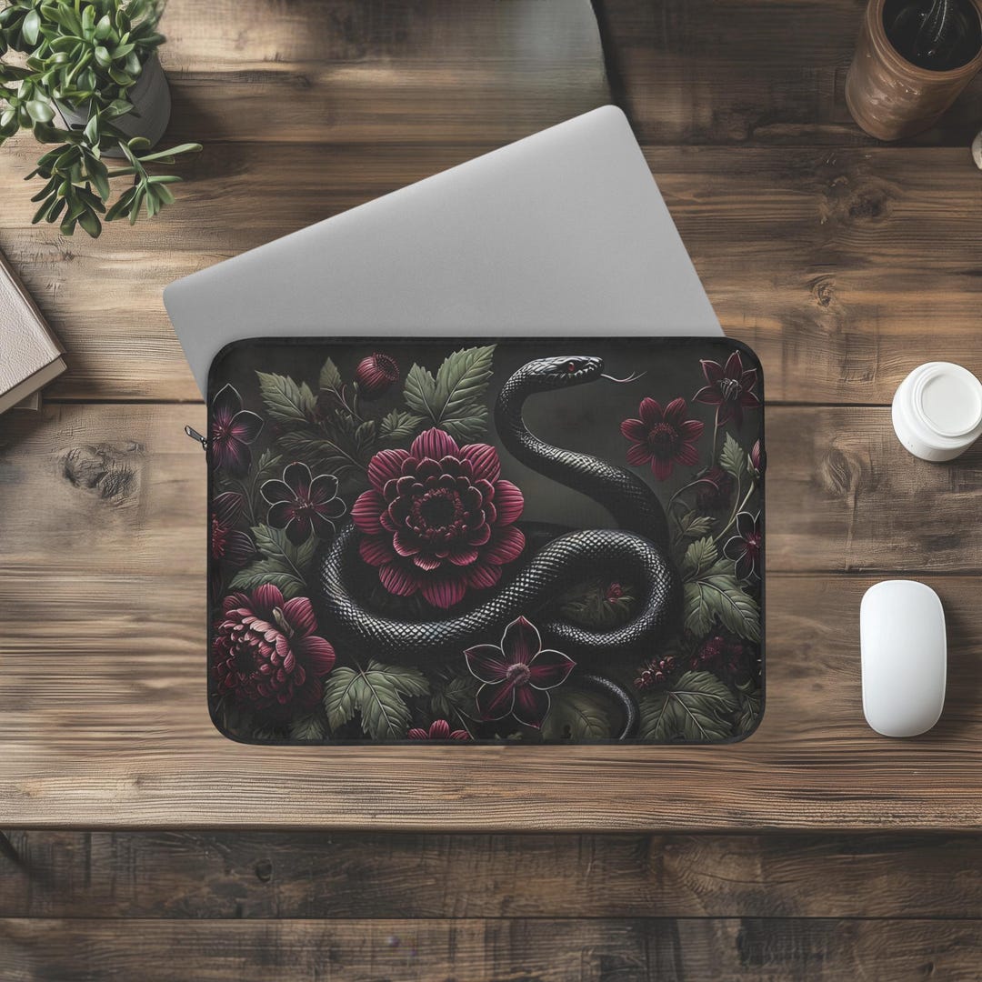 Gothic Black Snake & Crimson Flowers Laptop Sleeve, Dark Cottagecore ...