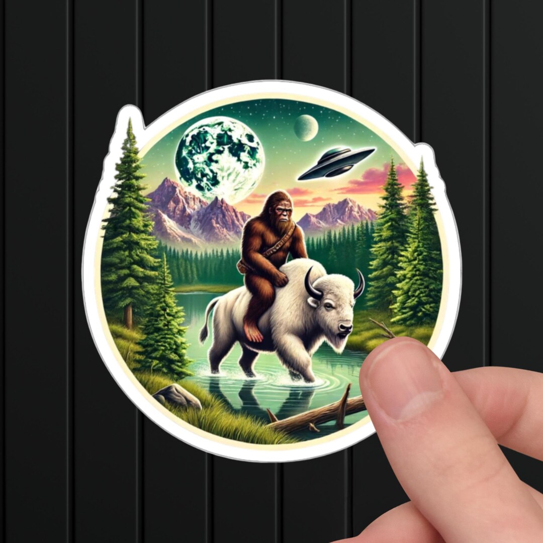 Bigfoot Riding White Buffalo Sticker, Mystical Sasquatch & UFO Art ...