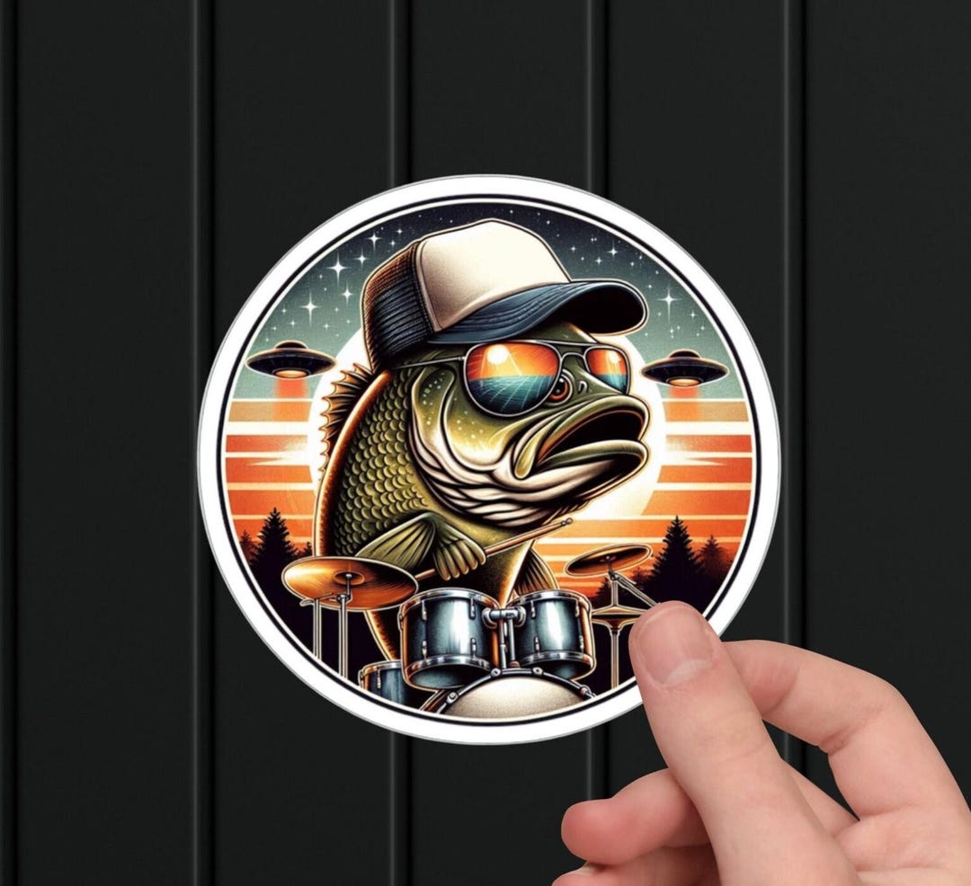 Largemouth Bass Playing Drums Sticker, Largemouth Bass Sticker, Fish ...