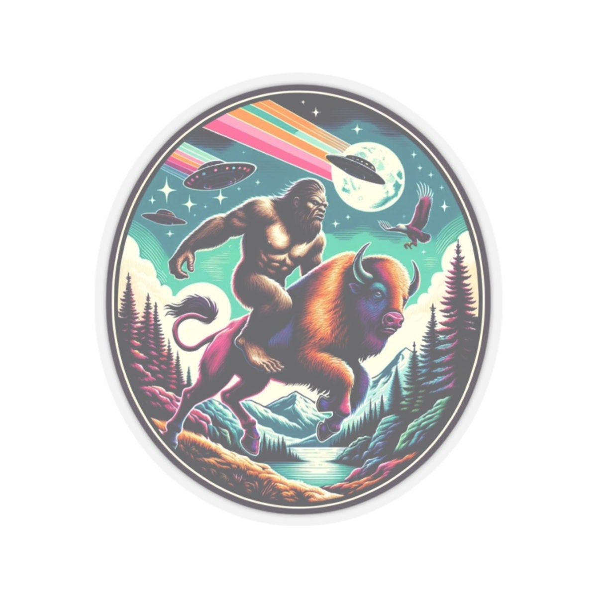 Bigfoot Bison UFO Sticker, Bigfoot Riding Buffalo UFO Alien Sticker ...