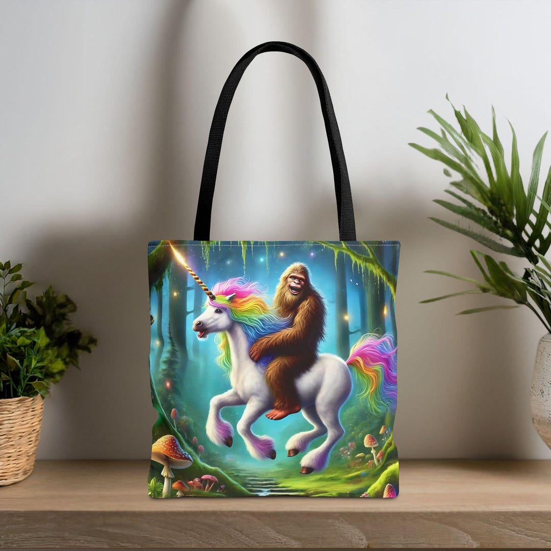 Bigfoot Riding Unicorn Tote Bag, Sasquatch Fantasy Carryall, Mythical ...