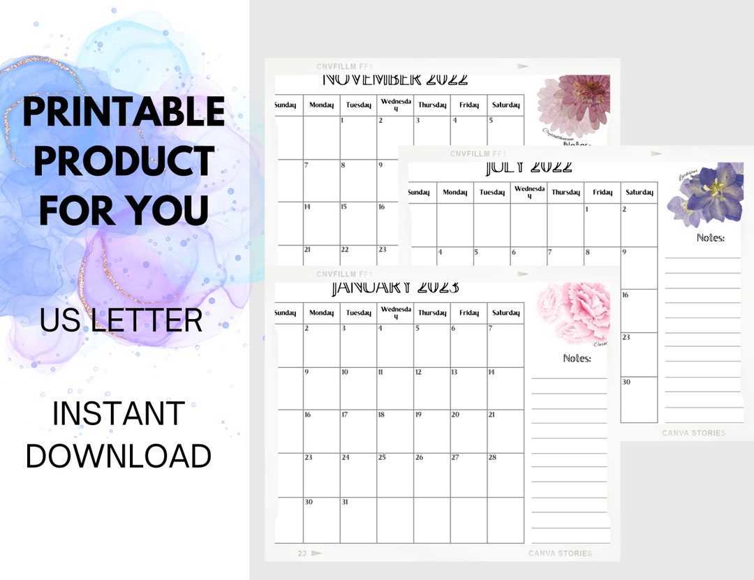 July 2022-june 2023 Calendar With Birth Month Flowers - Etsy